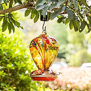 LaElvish Garden Hummingbird Feeder, 34OZ Hand Blown Glass Hummingbird Feeders for Outdoors Hanging, 4 Feeding Perch with Ant Moat Leakproof, Garden Yard Decor Gifts for Women Mom (Golden Balloon)