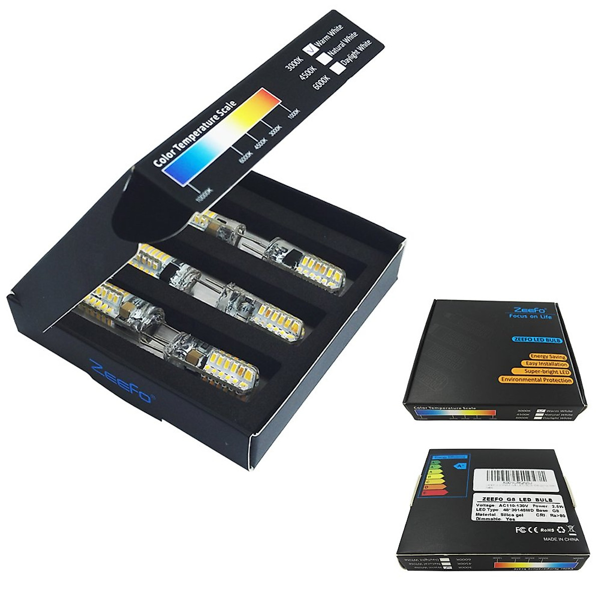 ZEEFO G8 LED Bulbs, Dimmable 110V-130V 3W Warm White 3000K, 64 X 3014 SMD Energy Saving Light Bulbs (20W-25W Halogen G8 Led Bulb Equivalent) for Light Fitting, Under Counter Kitchen Lighting (6 Pack)