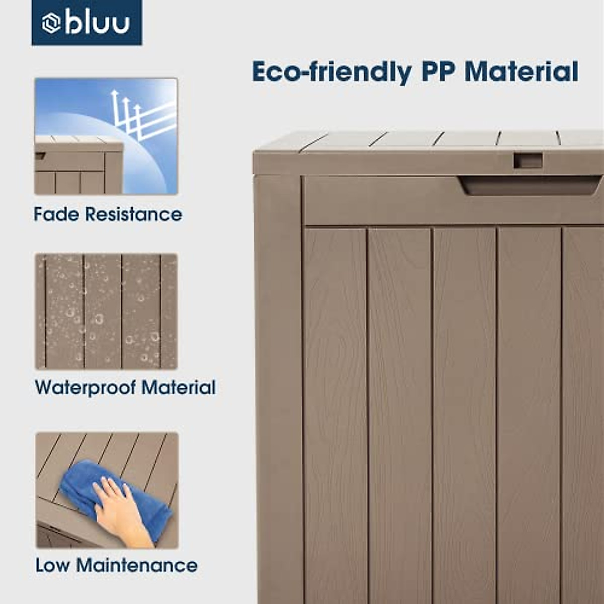 BLUU Deck Box 32 Gallon, Outdoor Storage Box for Patio Cushion, Pillows, Toys, Garden Tool and Hose Storage, Waterproof Material with Lockable Lid & Side Handles, Wood Grain Texture, Taupe