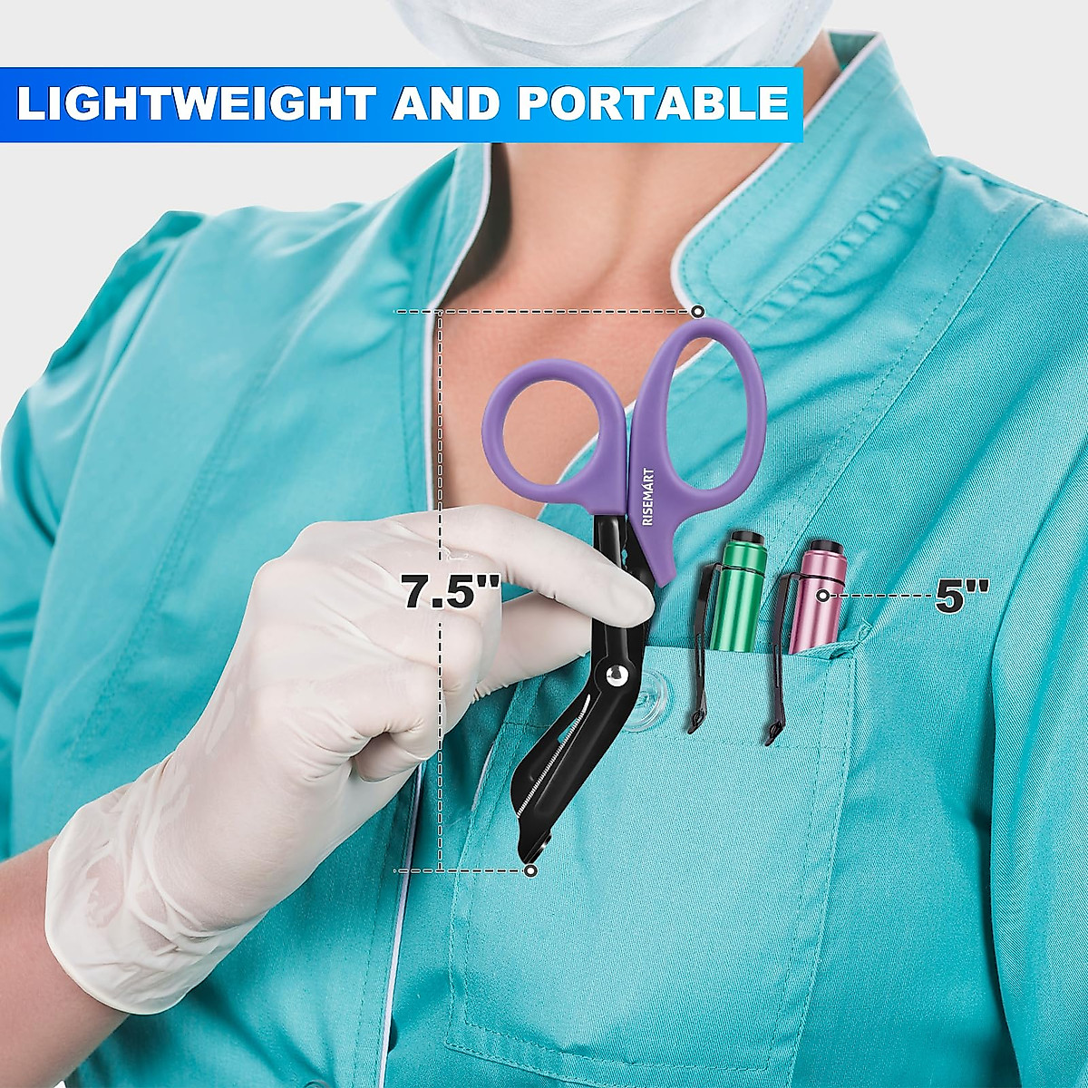 Trauma Shears, RISEMART Medical 7 1/4" Titanium-Bonded EMT Bandage Scissors and LED Pen Light with Pupil Gauge for Surgical Nursing Purposes(Gold and Silver)
