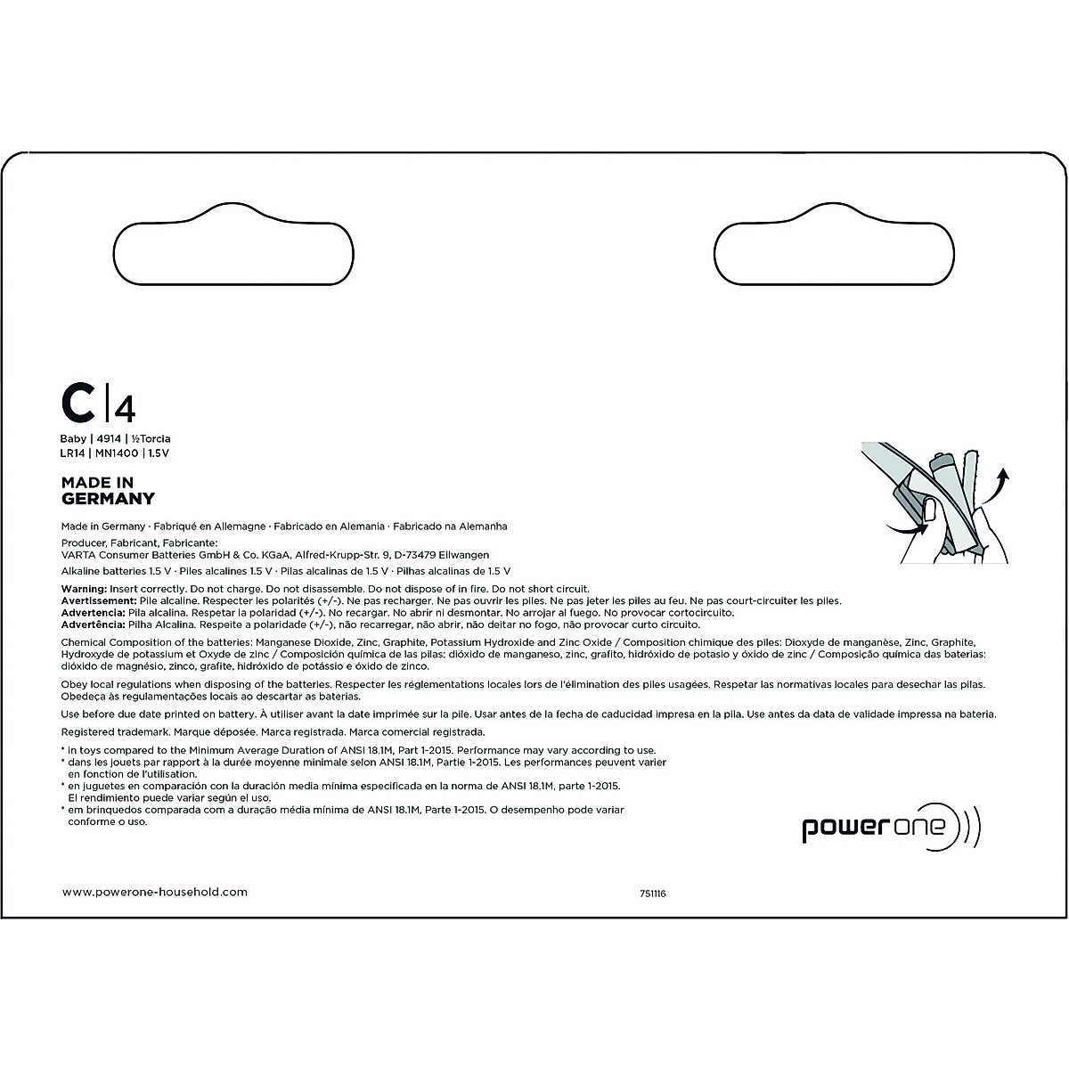 Power ONE LONGLIFE Power C Battery | Long Performing Alkaline Batteries Made in Germany with Up to 10 Years Shelf Life - Pack of 4