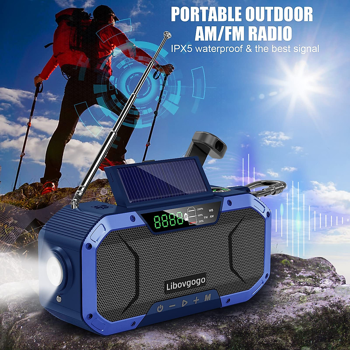 Emergency Radio Waterproof Camping Radio,Portable Digital AM FM Radio with Flashlight,Reading Lamp,Hand Crank WB NOAA Weather Radio with Solar Panel,5000mAH Cell Phone Charger,Outdoor Survival Gadget