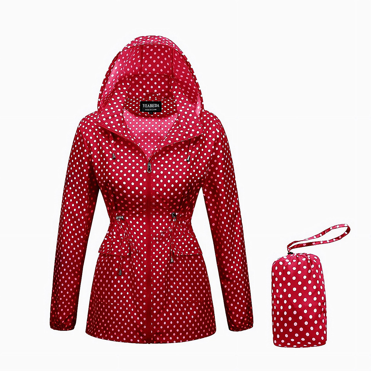 YEABEDA Women-Rain Jacket-Hood Waterproof-Lightweight Windbreak-Packable — Cute RainCoats Travel Polka Dot Ladies With Pouch (XX-Large, Red)