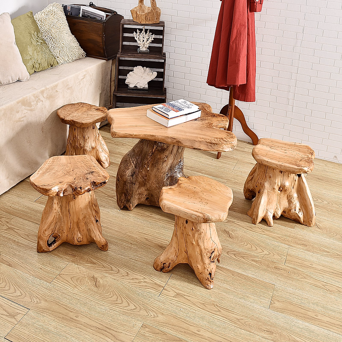 WELLAND Mushroom Seat Stool, Cedar Wood Flower Root/Stand
