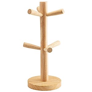 TUPANDY Mug Holder Wooden Mug Rack Tree with 6 Hooks Coffee Cup Organizer Stand Wood Mug Hanger Stand for Display Coffee Mugs Glasses and Cups for Kitchen Dinnerware Storage, FBA-HYYU66899