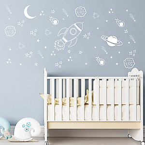 Space Wall Decal Nursery, Outer Space Decor, Rocket Decal, Boy Room Decor, Space Ship Decal, Space Themed Room, Planets Wall Decal for Baby Boys Nursery A37 (White)
