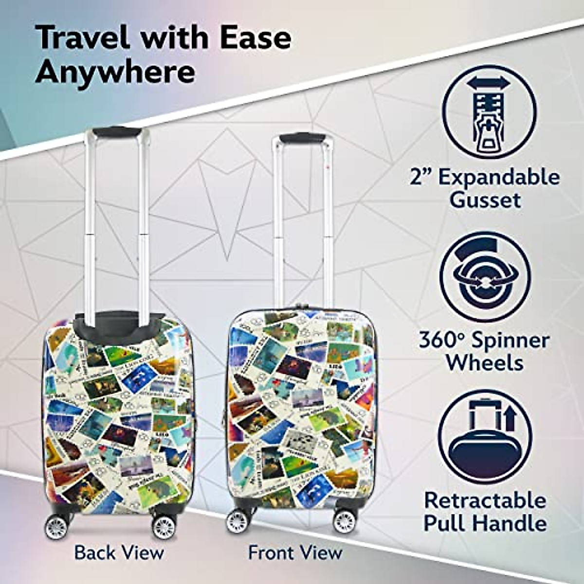 FUL Disney 100 22 Inch Carry On Rolling Luggage, 100 Years of Disney Stamps Hardshell Suitcase with Spinner Wheels, Multi