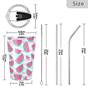 Jihqo Watercolor Striped Watermelon Tumbler with Lid and Straw, Insulated Stainless Steel Tumbler Cup, Double Walled Travel Coffee Mug Thermal Vacuum Cups for Hot & Cold Drinks 12oz