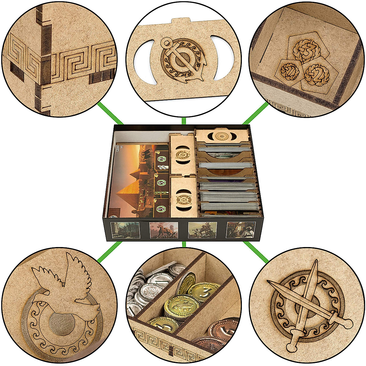 TowerRex Board Game Organizer for 7 Wonders board game box 1st Ed, 7 Wonders Cities expansion, 7 Wonders Armada expansion, 7 Wonders Leaders, 7Wonders game organizer insert storage kit accessories