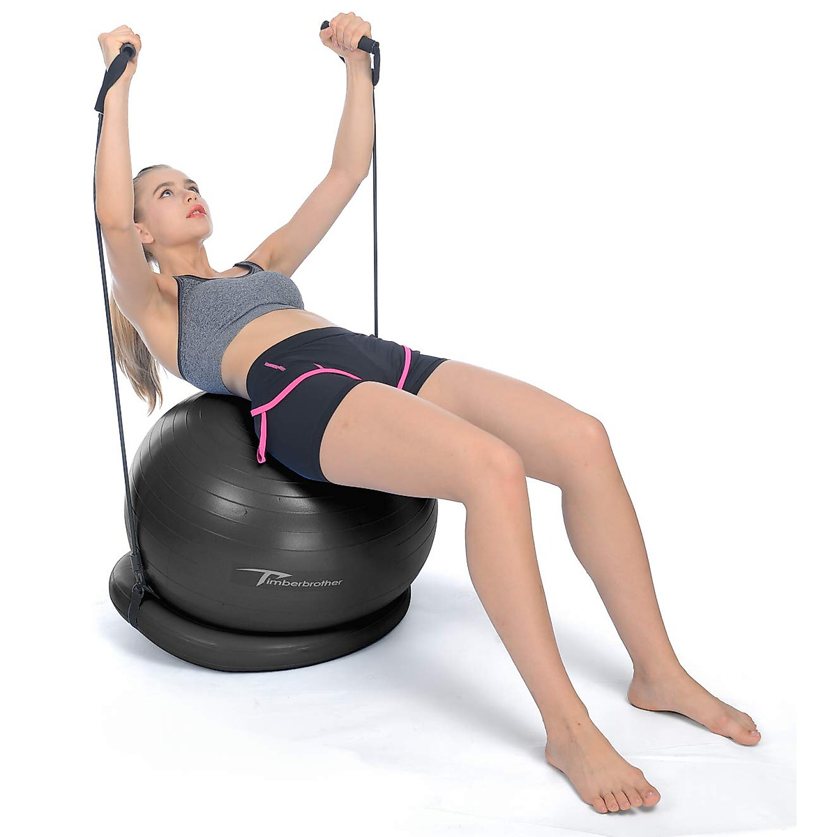 Timberbrother 75cm Exercise Ball Chair with Resistance Bands Workout Poster 16.5”x 22.4”,Stability Ball Base for Gym and Home Exercise (Black with Ring & Bands)