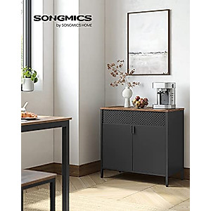 SONGMICS Storage Sideboard, Buffet Table with Adjustable Shelves, Floor Storage Cupboard, Steel Frame, Rustic Brown and Black ULSC102B01