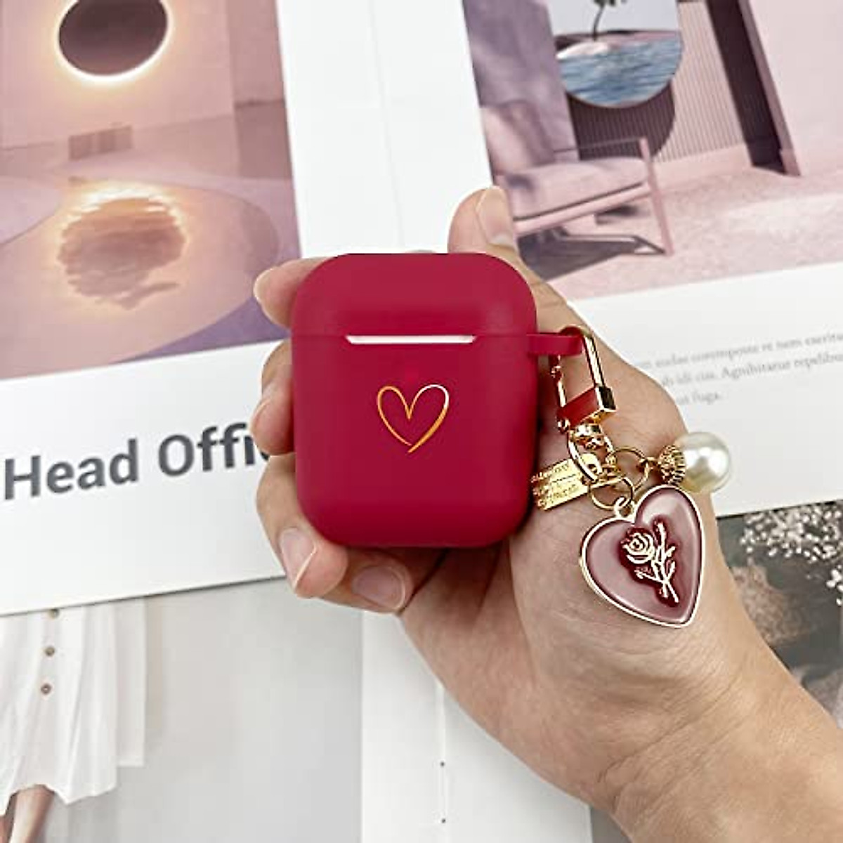 AIIEKZ Compatible with AirPods Case Cover, Soft Silicone Case with Gold Heart Pattern for AirPods 2&1 Generation Case with Vintage Roses Pearl Keychain for Girls Women (Burgundy)