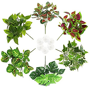 PINVNBY Reptile Terrarium Plants Hanging Artificial Lizards Habitat Climbing Decorations with Suction Cup Pets Tank Fake Green Plastic Ornament for Amphibians Bearded Dragons 6PCS