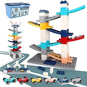 Aomola Car Ramp Toy with Classic Big Building Blocks,Creative DIY Building Bricks Compatible with All Major Brands,Car Ramp Racer for Toddlers with 6 Mini Cars,Storage Box & Base Plate