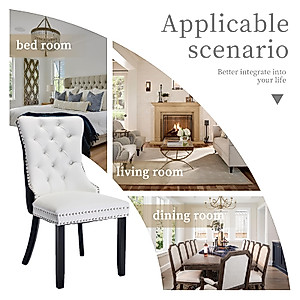 LKTART Dining Chairs Set of 6 PU and Velvet Upholstered Tufted Back with Nailhead Trim and Back Ring Pull Solid Wood Legs for Kitchen Bedroom Dining Room White + Black