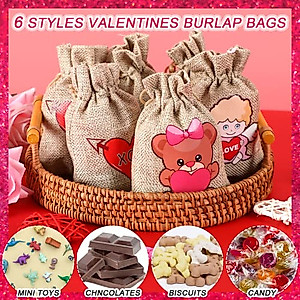JUNEBRUSHS 42 Pack Valentines Burlap Bags, Small Valentine Gift Bags with Drawstring Valentine's Day Goodie Bags for Kids Baby Shower Wedding Party Favor Bags Heart Treat Candy Bags Fillers