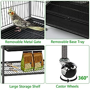 Jhsomdr Bird Cage 52 Inch Standing Wrought Iron Large Parrot Cage for Cockatiels African Grey Quaker Parrotlet Green Cheek Indian Ring Neck Pigeons Parakeets Flight Cage with Rolling Stand