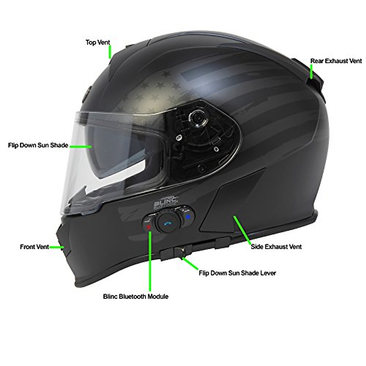 Torc T14B Bluetooth Integrated Mako Full Face Helmet with Flag Graphic (Flat Black, Large)
