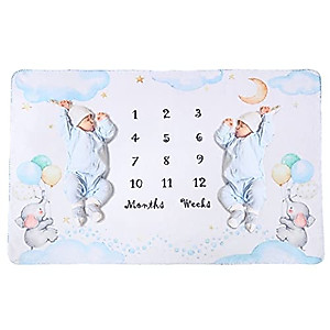 InnoBeta Baby Monthly Milestone Blanket, Flannel Plush Newborn Infant Photo Blanket, for Pictures Photography for Newborn Boys & Girls New Mom Gifts Twins Elephant (White, 39"x 59")