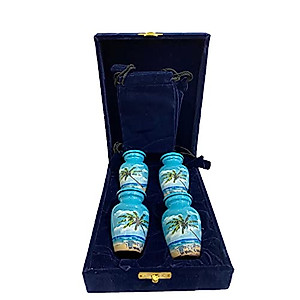 HLC URNS Keepsake Urn Set of 4 – Lovely Blue Beach Set of 4 Keepsake Cremation Urn for Human Ashes with Velvet Box & 4 Velvet Bag-Mini Keepsake Urn - Affordable Keepsake Urn (3 cu.in)