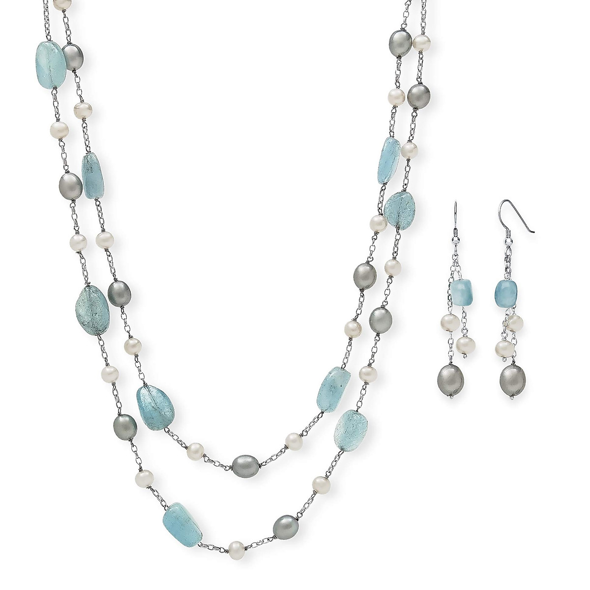 Belacqua Natural Aquamarine & Cultured Freshwater Pearl Necklace and Dangle Earring Set