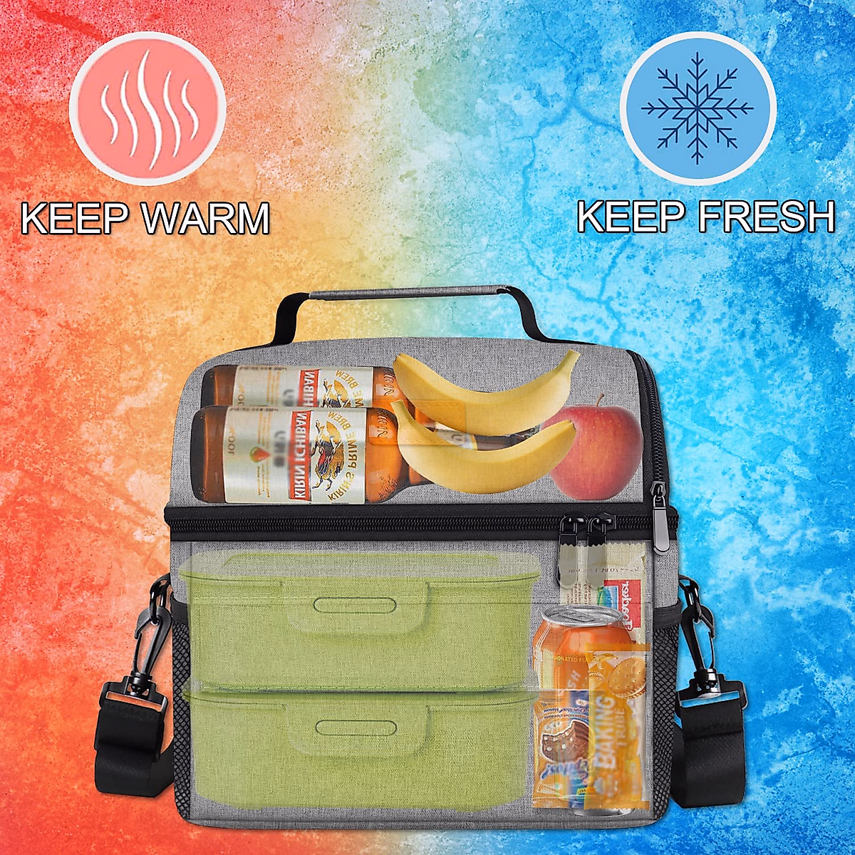 Naukay Lunch Box for Men Women, Dual Compartment Lunch Bag, Reusable Insulated Lunch Bags Large Lunch Box Cooler Tote Bags with Adjustable Shoulder Strap for Office Work Picnic Hiking Fishing, Grey