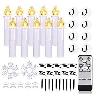 FREEPOWER 10PCS Christmas LED Taper Flameless Candle with Remote Timer,Battery Operated Window Candle Lights with Clips/Suction Cups for Christmas Tree Garden Party Decor…