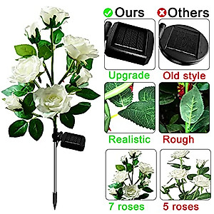 NQN Upgraded 4 Pack White Outdoor Solar Powered 7 Rose Flowers Garden Stake Light, LED Solar Powered Light Decorative Flower Lamp, Waterproof Solar Decorative Light for Garden Yard Patio Pathway Light