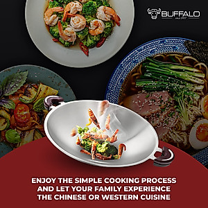 BUFFALO Clad Stainless Steel Wok Pan with Lid Round Bottom 16 inch (40cm) Stir Frying Pan Tri-Ply Nonstick Cookware - Double Handle Cooking Pot for Induction/Electric/Gas Stoves