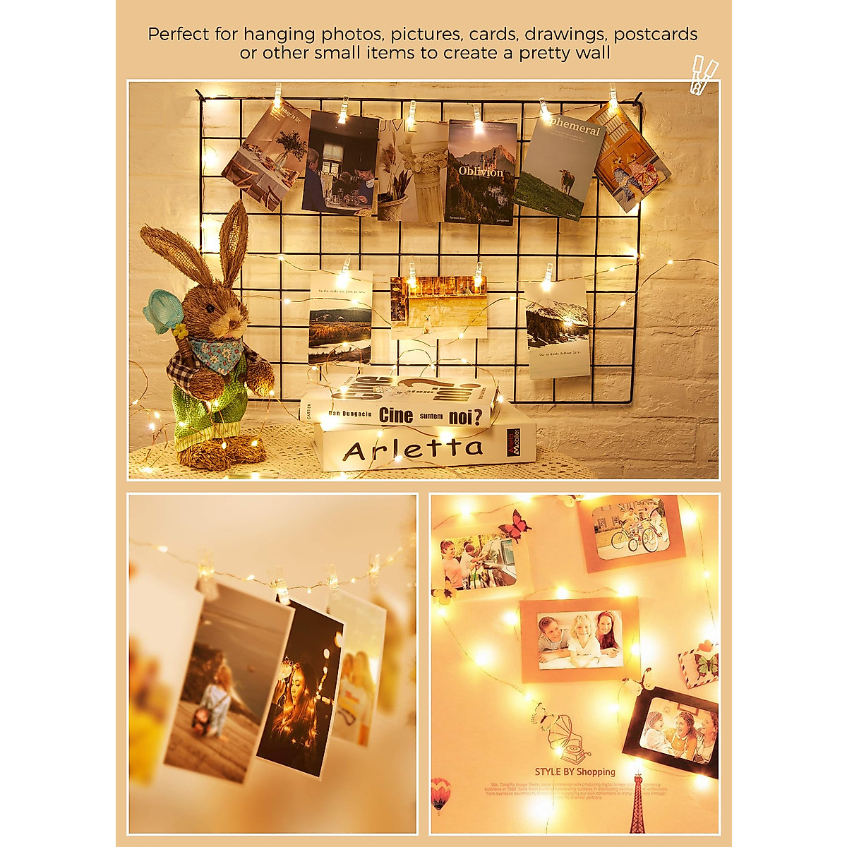 Minetom Photo Clips String Light 33ft - 100 LED Fairy Lights with 60 Clips for Hanging Pictures, Battery Operated Photo Hanger with Timer, 8 Light Modes Twinkle Lights for Room Party Decor