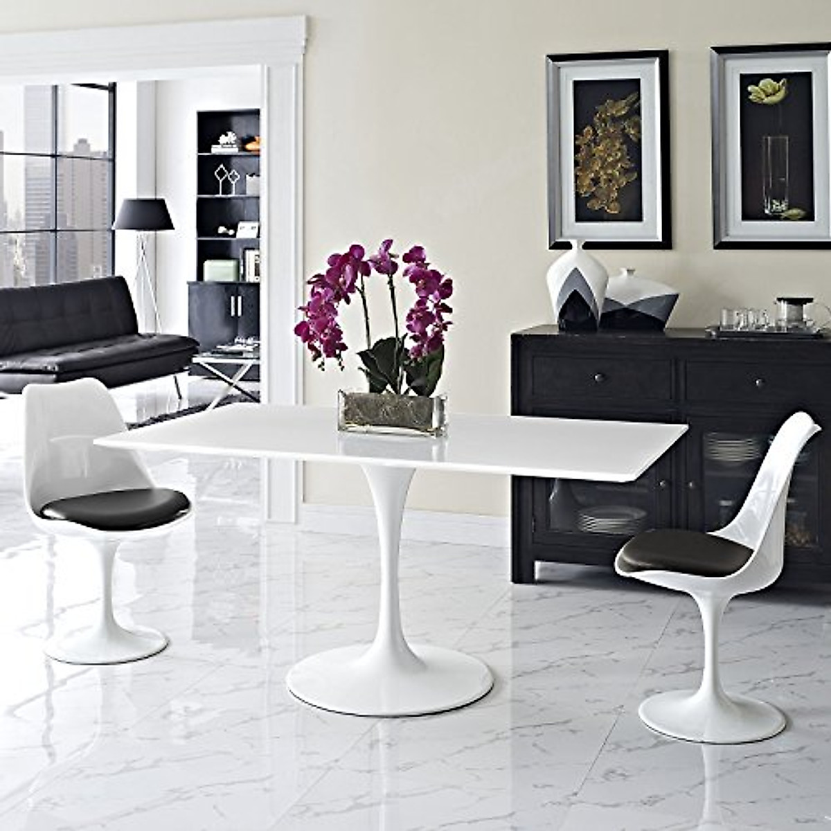 Modway Lippa 60" Mid-Century Modern Dining Table with Rectangle Top and Pedestal Base in White