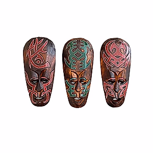 OMA Wooden Hand Crafted African Wall Masks Stunning Tribal Motifs Tiki Polynesian Wall Art Home Decor Gift Set Of Three - 12" High