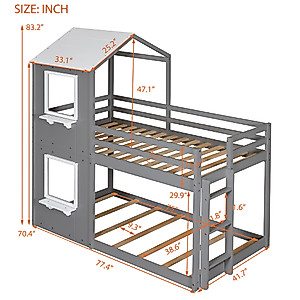 Bellemave Twin Bunk Beds with House Shape, House Bunk Bed with Roof, Window & Ladders, Twin Over Twin Bunk Bed for Kids Girls Boys Teens (Grey)