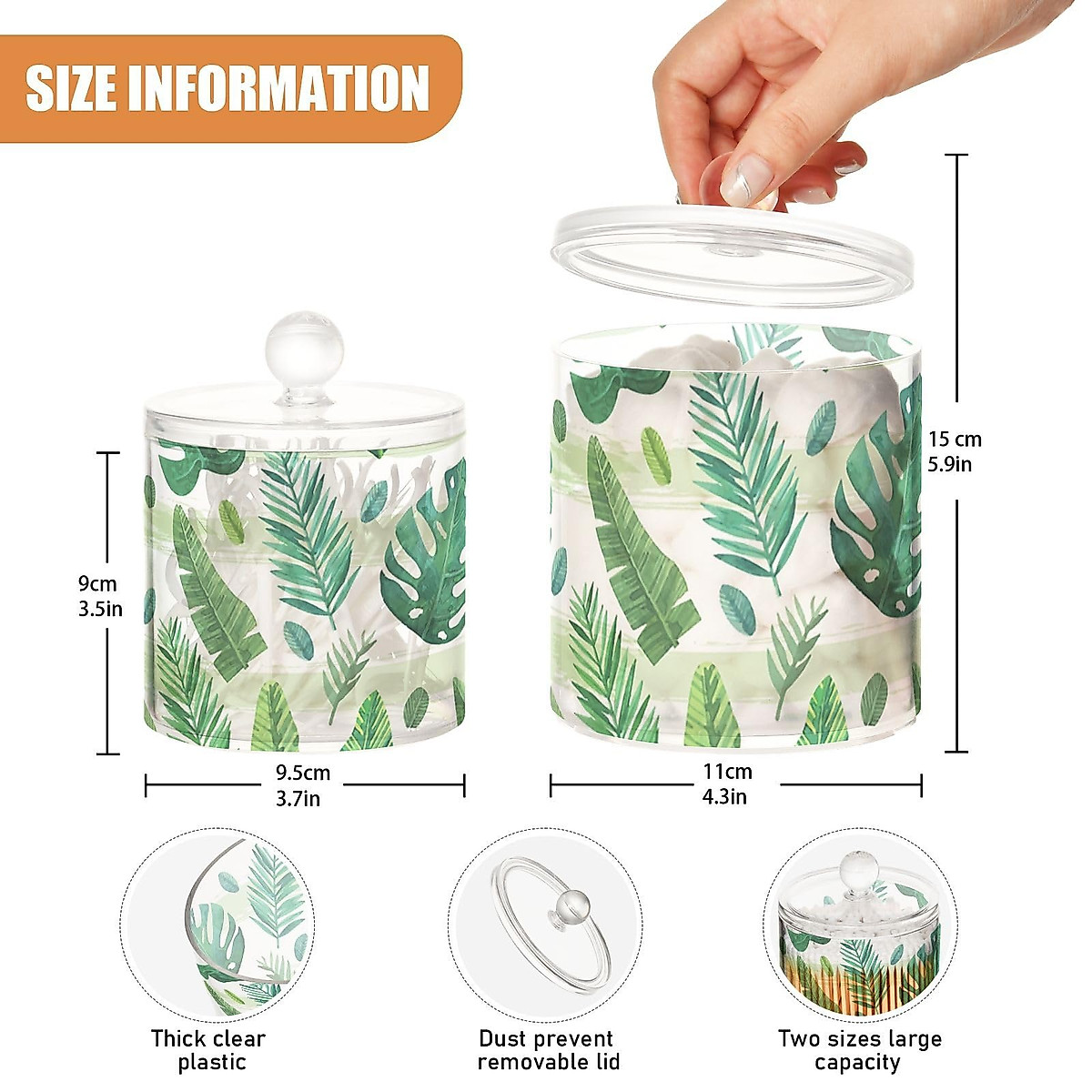 Tatenale Qtip Holder with Lid Apothecary Jars with Lids Cotton Swab Holder Dispenser for Storage Organizers Bathroom Accessories Set Cotton Ball Swab,Floss Picks 2 Pack Green Palm Leaves