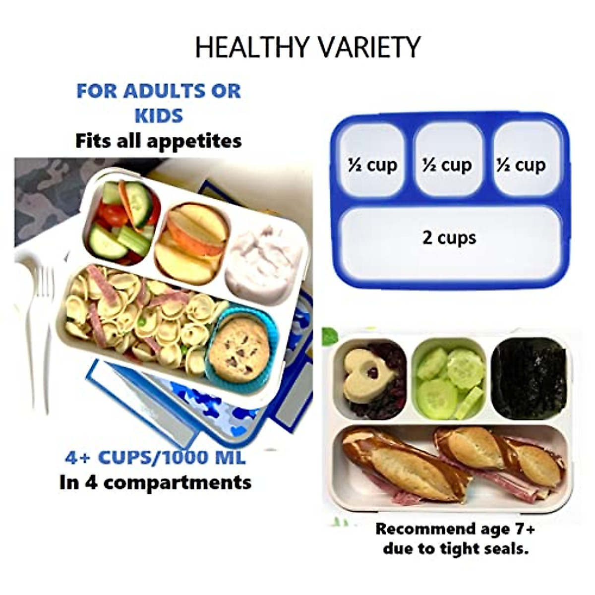 Bundle of Camo Lunch-Box for Boys 4 Compartments (Blue Camouflage) + Camo Lunch Box for Boys Kids Men with Ice Pack (Blue Black Camouflage)