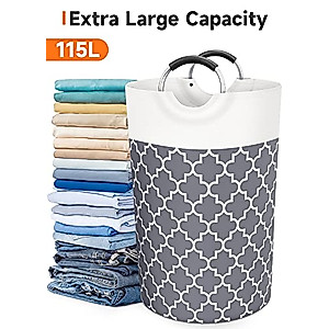 115L Laundry Basket, Laundry Hamper Bag Washing Bin Clothes Bag Collapsible Tall With Handles Waterproof Travel Bathroom College Essentials Storage For College Dorm, Family (Grey)
