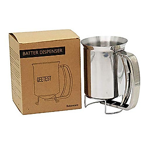 GEETEST 800ml Stainless Steel Pancake Batter Dispenser - Great for Baking,Cupcakes,Muffins-Cooking Crepes,Waffles- Easyflow Spout -Measuring Gauge in Mls and cups