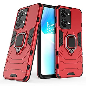 DWAYBOX Case for OnePlus Nord 2T 5G 6.43 inch, Compatible with Magnetic Car Mount, 360° Metal Ring Kickstand, 2in3 Dual Layer Hybrid Armor Shockproof Back Cover -Red