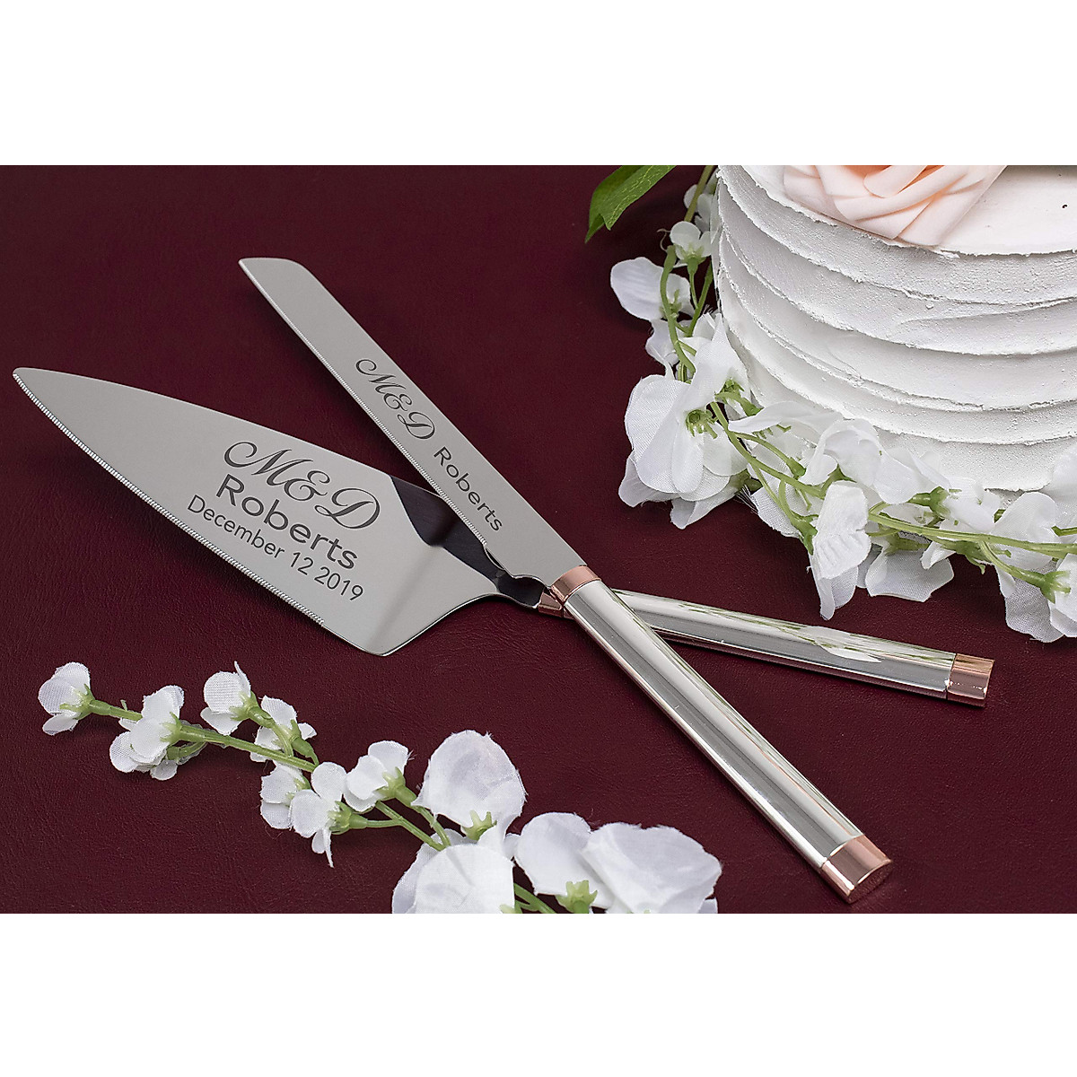 Kate Spade Bridal Rosy Glow Personalized Wedding Cake Knife and Server Set, Custom Engraved Wedding Cake Cutting Set for Bride and Groom
