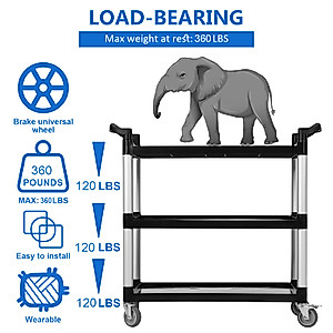 Service Cart Heavy Duty 3-Shelf Rolling Utility/Push Cart with Lockable Wheels, 360 lbs. Capacity, Black, for Foodservice/Restaurant/Cleaning