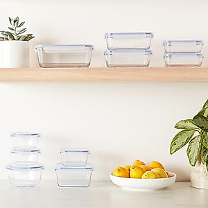 Amazon Basics 20-Piece Glass Food Storage Containers, 10 Count of Bases and Plastic Lids, Transparent, Blue