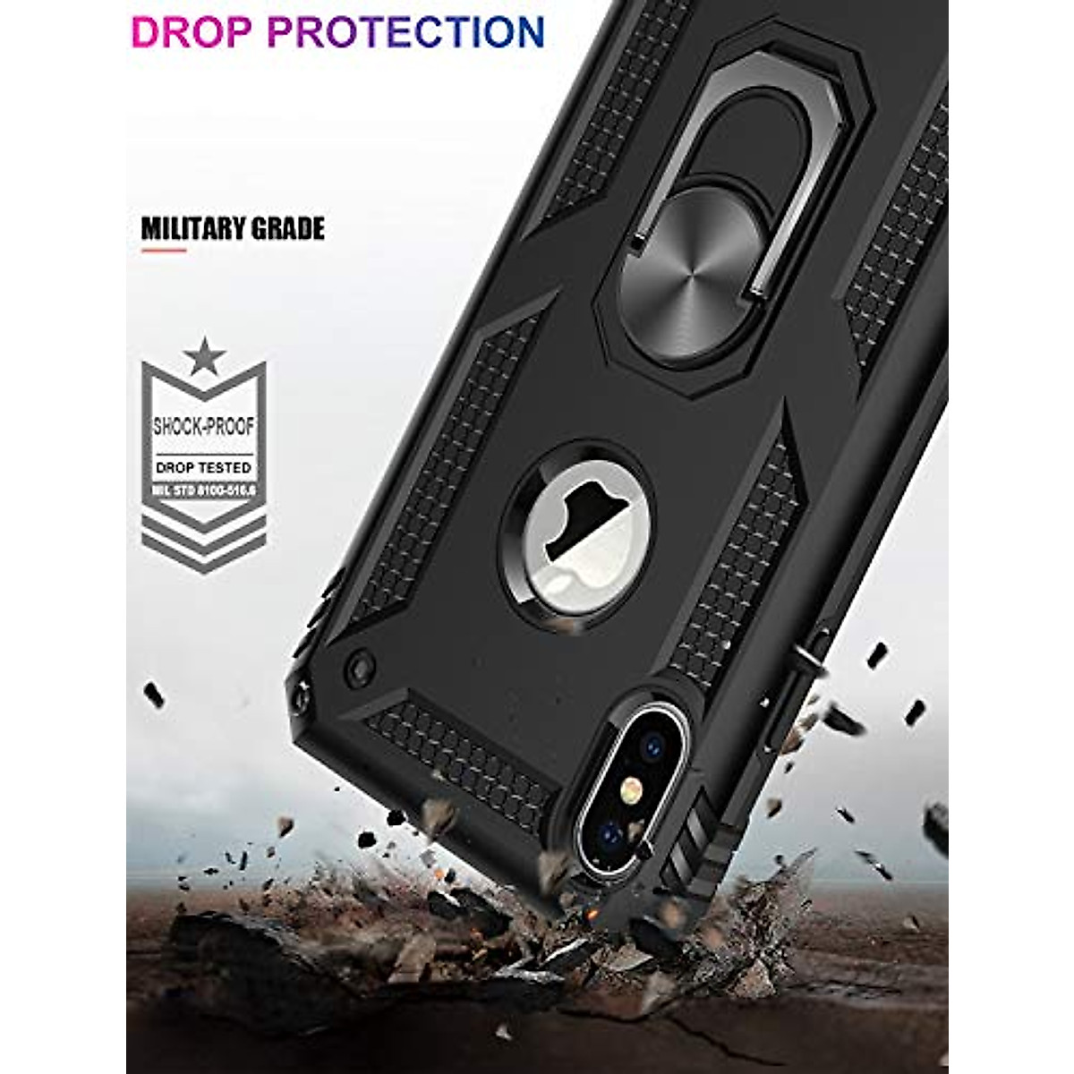 LUMARKE iPhone Xs Max Case with Tempered Glass Screen Protector,iPhone Xs Max Cover Military Grade 16ft. Drop Tested Cover with Magnetic Ring Kickstand Protective Phone Case for iPhone Xs Max Black