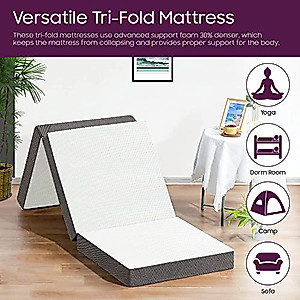 Mayton 4-Inch Portable Tri-Folding Capability Gel Memory Foam Mattress | Breathable Mesh Sides, Ultra Soft, Removable and Washable Cover, Comfortable Support, Cot Pad, Standard Size, 25-Inch, White
