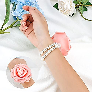 CIEHER 10 Pieces Pearl Wrist Corsage Elastic Bands Wristlets Corsage Wristlet Stretch Pearl Wedding Wristband Faux Pearl Bead Corsage Accessories Bracelets for Wedding Party Prom Bride Bridesmaid Handmade Flower Wrist Corsage