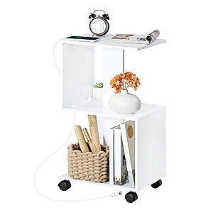 MAHANCRIS Narrow Nightstand with Charging Station, White Bedside Table with Power Outlets and USB Ports, S-Shaped Side Table, 3-Tier Nightstand with Wheels, for Bedroom, Living Room, White ETWT77E01