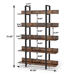 Tribesigns 5 Tiers Bookcase, 5-Shelf Industrial Style Etagere Bookcases and Book Shelves, Metal and Wood Free Vintage Bookshelf with Back Fence, Rustic Brown