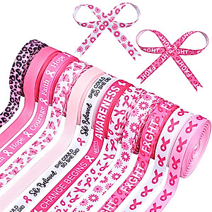 12 Rolls Breast Cancer Awareness Grosgrain Ribbons Pink Bow Making Ribbon DIY Craft Decorative Ribbons for Women Gift Wrapping Activities Home Decor, 3/8in