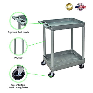 Luxor/H.Wilson Two Shelf Rolling Industrial Utility Tub Cart with Handle - 24 in. x 18 in, Gray