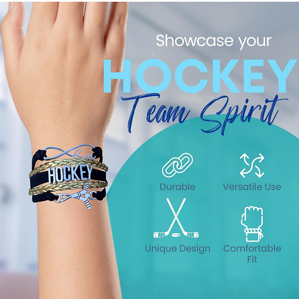 Sportybella Hockey Stick Charm Bracelet (Black/Gold) - Adjustable Bracelet for Women, Teens and Girls