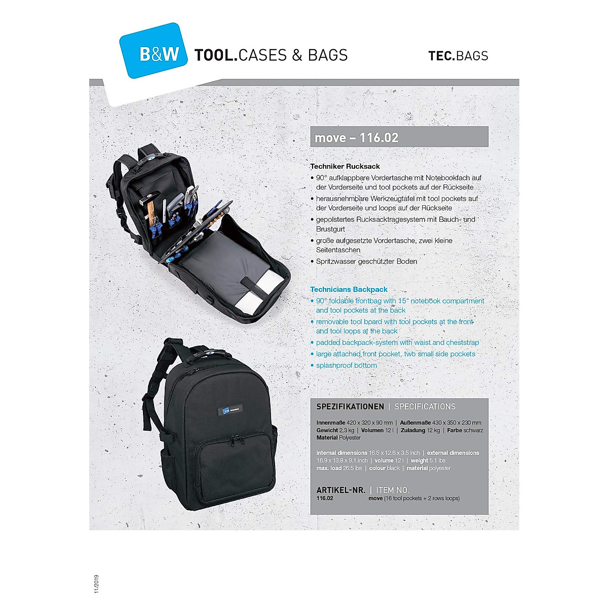B&W International TUC-11602 Technician Backpack with Pocket Pallets & Laptop Compartment